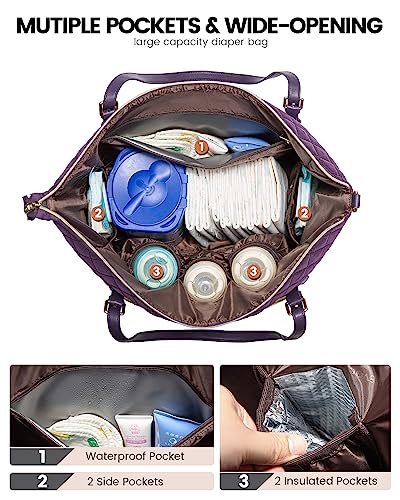 LOVEVOOK Diaper Bag Tote, Large Travel Baby Diaper Bag with Pacifier Holder and Changing Pad, Quilted Diaper Tote for Baby, Waterproof Mommy Bag for Hospital, Stylish & Multifunction, Purple