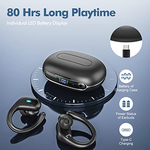 Wireless Earbuds Bluetooth Headphones 80Hrs Playback with LED Diaplay Wireless Charging Case Noise Cancelling Ear buds with Earhooks, IPX7 Waterproof Over Ear Earphones for Sports Running Workout