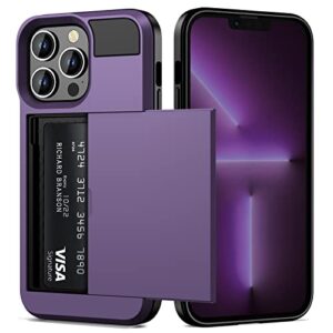 vofolen for iphone 13 pro max case wallet credit card holder id slot sliding door hidden pocket men women anti-scratch dual layer hybrid bumper armor protective shell back cover 6.7 inch greypurple