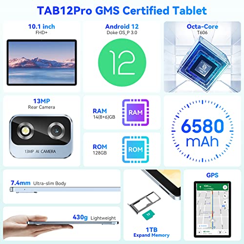 Blackview 2023 New Tab 12 Pro Android 12 Tablets 10" inch Tablet 14 (8+6 Expand) GB RAM + 128 GB ROM 1TB Expand Tablet PC, 1920 * 1200 FHD+IPS, Octa-core，2.4G/5G WiFi, Bluetooth 5.0 GPS Blue