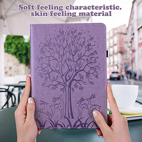 VODEFOX Case for iPad Mini 6 2021 (8.3 Inch) 6th Generation Case, Embossed Deer&Tree PU Leather Retro Shockproof Slim Case with Pencil Holder Elastic Strap Stand Cover for iPad Mini 6th Gen - Purple