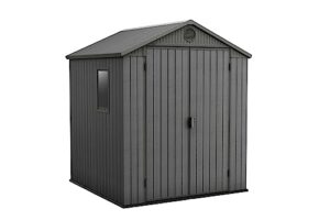 keter darwin 6 x 6 foot spacious heavy duty outdoor storage shed for organizing garden accessories and tools with double doors and high ceiling, gray