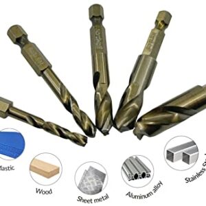 NordWolf 5-Piece M35 Cobalt Stubby Drill Bit Set for Stainless Steel & Hard Metals, with 1/4" Hex Shank for Quick Chucks & Impact Drivers, SAE Sizes 5/32"-13/64"-9/32"-11/32"-3/8" in Storage Box