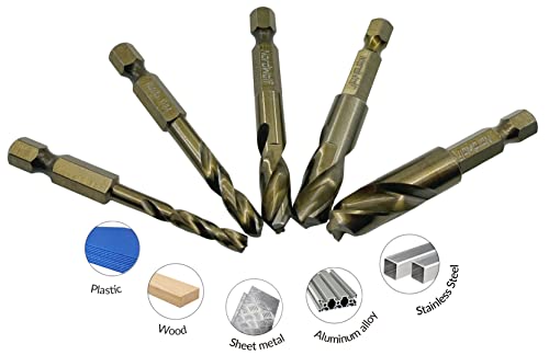 NordWolf 5-Piece M35 Cobalt Stubby Drill Bit Set for Stainless Steel & Hard Metals, with 1/4" Hex Shank for Quick Chucks & Impact Drivers, SAE Sizes 5/32"-13/64"-9/32"-11/32"-3/8" in Storage Box