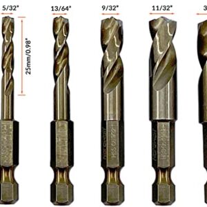 NordWolf 5-Piece M35 Cobalt Stubby Drill Bit Set for Stainless Steel & Hard Metals, with 1/4" Hex Shank for Quick Chucks & Impact Drivers, SAE Sizes 5/32"-13/64"-9/32"-11/32"-3/8" in Storage Box