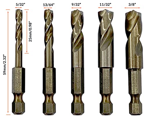 NordWolf 5-Piece M35 Cobalt Stubby Drill Bit Set for Stainless Steel & Hard Metals, with 1/4" Hex Shank for Quick Chucks & Impact Drivers, SAE Sizes 5/32"-13/64"-9/32"-11/32"-3/8" in Storage Box