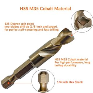 NordWolf 5-Piece M35 Cobalt Stubby Drill Bit Set for Stainless Steel & Hard Metals, with 1/4" Hex Shank for Quick Chucks & Impact Drivers, SAE Sizes 5/32"-13/64"-9/32"-11/32"-3/8" in Storage Box