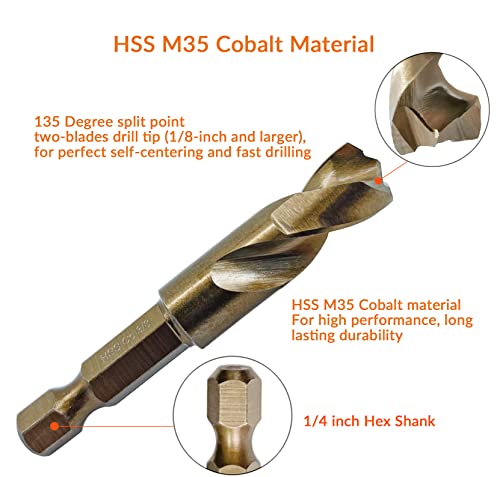 NordWolf 5-Piece M35 Cobalt Stubby Drill Bit Set for Stainless Steel & Hard Metals, with 1/4" Hex Shank for Quick Chucks & Impact Drivers, SAE Sizes 5/32"-13/64"-9/32"-11/32"-3/8" in Storage Box