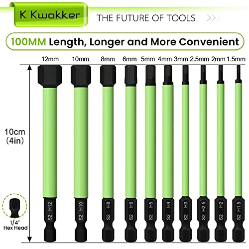 TLEEP 20 x 1/4" 100MM Long Allen Wrench Drill Bits, SAE & Metric, Hex Head Allen Bit Set S2 Steel Magnetic Tips Hex Screwdriver Set for Ikea Type Furniture, 5/64" to 5/16" & 1.5mm to 12mm Hex Bit Set