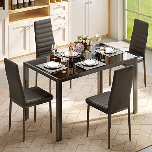 Gizoon 5 Piece Glass Dining Table Set, Kitchen and Chairs for 4, PU Leather Modern Room Sets Home (Black)