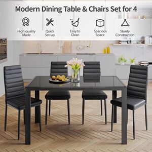 Gizoon 5 Piece Glass Dining Table Set, Kitchen and Chairs for 4, PU Leather Modern Room Sets Home (Black)