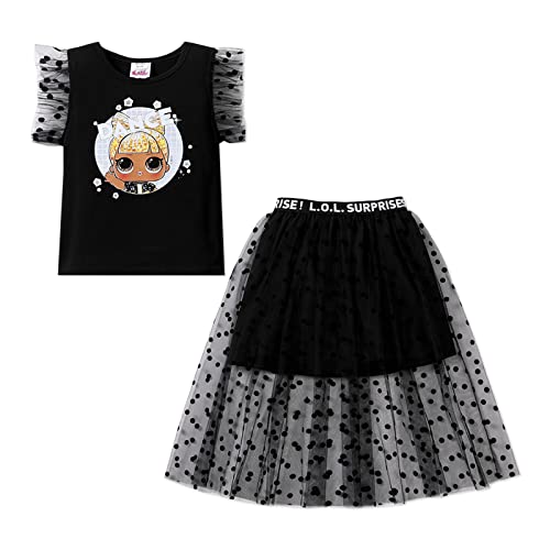 L.O.L. Surprise! Kid Girl 2pcs Character Printed Mesh Dress Flutter-sleeve Tee and Polka Dots Overlay Skirt Set Black 7-8 Years