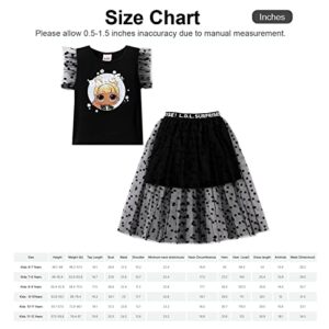 L.O.L. Surprise! Kid Girl 2pcs Character Printed Mesh Dress Flutter-sleeve Tee and Polka Dots Overlay Skirt Set Black 7-8 Years