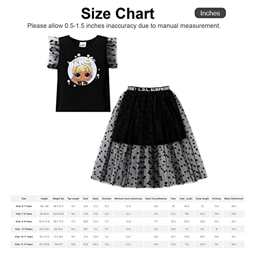 L.O.L. Surprise! Kid Girl 2pcs Character Printed Mesh Dress Flutter-sleeve Tee and Polka Dots Overlay Skirt Set Black 7-8 Years