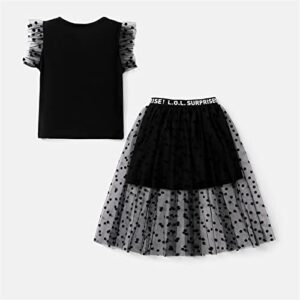 L.O.L. Surprise! Kid Girl 2pcs Character Printed Mesh Dress Flutter-sleeve Tee and Polka Dots Overlay Skirt Set Black 7-8 Years