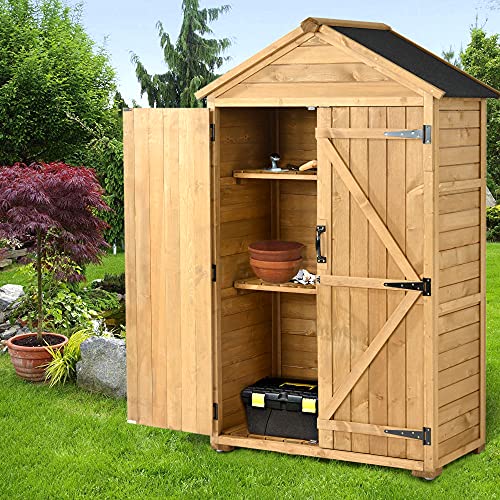 Merax 5.8ft x 3ft Outdoor Wood Lean-to Storage Shed Tool Organizer with Waterproof Asphalt Roof, Lockable Doors, 3-Tier Shelves for Backyard, Natural