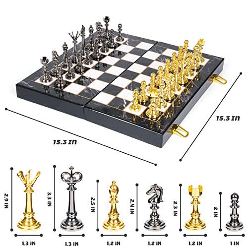 Metal Chess Set and Checkers Game Set 15 inch(2 in 1) Chess Board Games for Adults Kids Metal Chess Pieces & Portable Folding Wooden Chess Board Travel Chess Sets Metal Chess Pieces with Storage Box