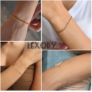 LEXODY Gold Bracelets for Women 14K Gold Herringbone Bracelets Sets Dainty Herringbone Jewelry Stackable Figaro Chain Paperclip Link Chain Cute Anklet Bracelet Pack Gifts for Women Girls