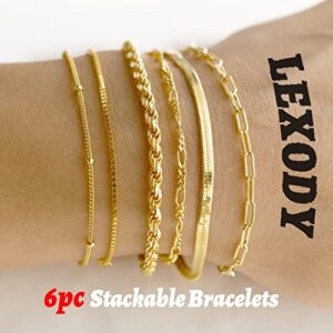 LEXODY Gold Bracelets for Women 14K Gold Herringbone Bracelets Sets Dainty Herringbone Jewelry Stackable Figaro Chain Paperclip Link Chain Cute Anklet Bracelet Pack Gifts for Women Girls