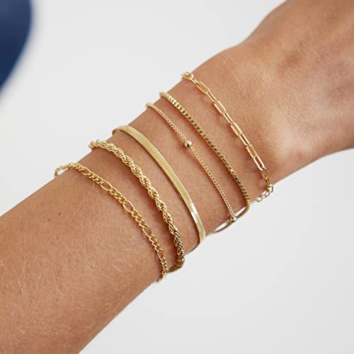 LEXODY Gold Bracelets for Women 14K Gold Herringbone Bracelets Sets Dainty Herringbone Jewelry Stackable Figaro Chain Paperclip Link Chain Cute Anklet Bracelet Pack Gifts for Women Girls