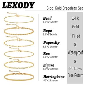 LEXODY Gold Bracelets for Women 14K Gold Herringbone Bracelets Sets Dainty Herringbone Jewelry Stackable Figaro Chain Paperclip Link Chain Cute Anklet Bracelet Pack Gifts for Women Girls