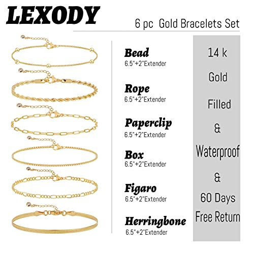 LEXODY Gold Bracelets for Women 14K Gold Herringbone Bracelets Sets Dainty Herringbone Jewelry Stackable Figaro Chain Paperclip Link Chain Cute Anklet Bracelet Pack Gifts for Women Girls