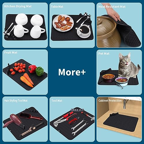 Hescred Silicone Dish Drying Mat, Eco-friendly, Easy Clean, Heat-resistant, Easy Storage, Reusable Silicone Dish Mat for Kitchen Counter with a Rack, Dish Washer Safe, Medium (16" x 12") Black