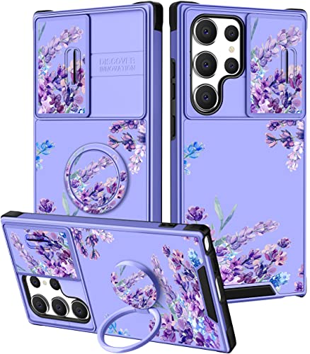 Goocrux (2in1 for Samsung Galaxy S23 Ultra Case Floral Flowers for Women Girls Girly Phone Cover Cute Lavender Flower Design with Slide Camera Cover+Ring Holder Purple Cases for S23 Ultra 5G 6.8''