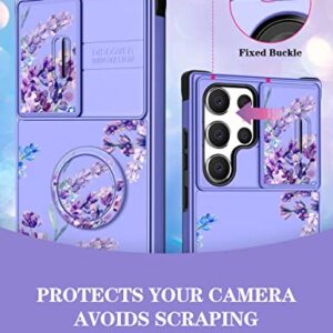 Goocrux (2in1 for Samsung Galaxy S23 Ultra Case Floral Flowers for Women Girls Girly Phone Cover Cute Lavender Flower Design with Slide Camera Cover+Ring Holder Purple Cases for S23 Ultra 5G 6.8''