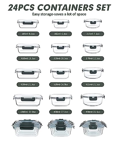 VERONES 24 Pieces Glass Food Storage Containers Set, Airtight Glass Lunch Containers, Stackable Glass Meal Prep Containers with Lids,BPA-Free, for Microwave, Oven, Freezer & Dishwasher Friendly,Grey