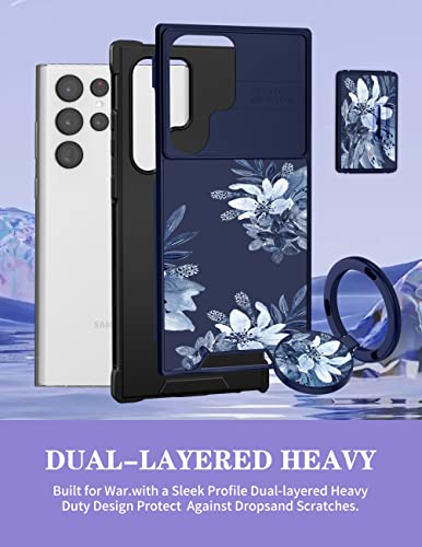 Goocrux (2in1 for Samsung Galaxy S23 Ultra Case Floral for Women Girls Flowers Girly Phone Cover Cute Flower Design with Slide Camera Cover+Ring Holder Blue Plants Cases for S23 Ultra 5G 2023 6.8''