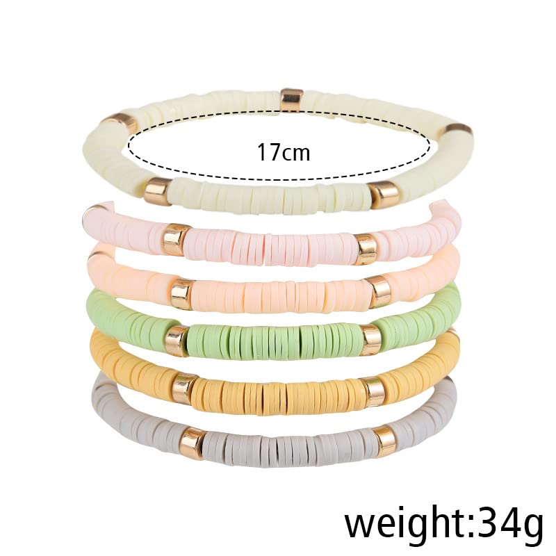 Bohemian Ploymer Clay Surfer Bracelet for Women Teen Girls Summer Beach Layering Colorful Beaded Stretch Stackable Friendship Boho Bead Bracelet Set-White Grey