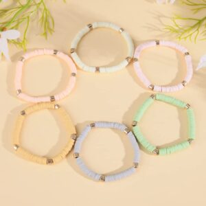 Bohemian Ploymer Clay Surfer Bracelet for Women Teen Girls Summer Beach Layering Colorful Beaded Stretch Stackable Friendship Boho Bead Bracelet Set-White Grey