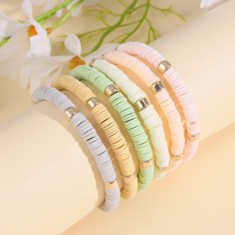 Bohemian Ploymer Clay Surfer Bracelet for Women Teen Girls Summer Beach Layering Colorful Beaded Stretch Stackable Friendship Boho Bead Bracelet Set-White Grey