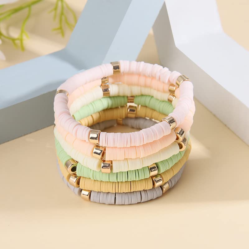 Bohemian Ploymer Clay Surfer Bracelet for Women Teen Girls Summer Beach Layering Colorful Beaded Stretch Stackable Friendship Boho Bead Bracelet Set-White Grey