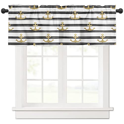 MUENINELE Kitchen Curtain Valance, Gold Anchor Nautical Black White Stripes Rod Pocket Window Treatment Decor Curtains for Living Room Bedroom, 54" W x 18" L, 1 Panel