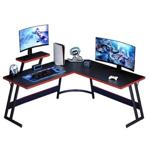 lufeiya black l shaped gaming desk - 51 inch computer corner desks, carbon fiber surface pc desk table with monitor stand for home office writing, black