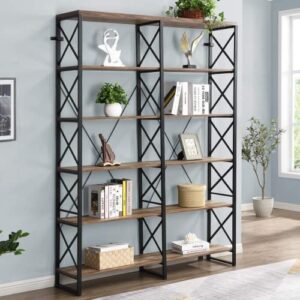 homyshopy double wide 6-tier bookshelf 76” h, industrial display shelves with metal frame, large bookcase for living room, study and library (vintage brown)