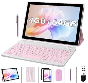 2023 newest 2 in 1 tablet, 10 inch android 11 tablets with keyboard case mouse stylus, 4gb ram+64gb rom 1.8ghz quad core, 1280*800 ips hd touch screen, 8mp dual camera, games, wi-fi, bt tableta pc