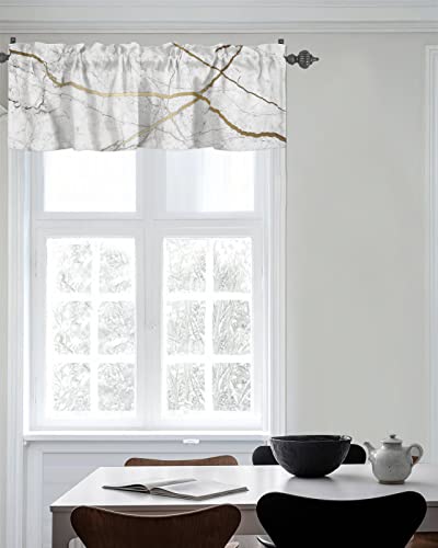 Yun Nist Window Valance Curtain White Marble Gold Stripes Valances for Kitchen Windows,Modern Abstract Geometric Rod Pocket Short Curtains for Bedroom,Bathroom,Living Room 42x12Inch