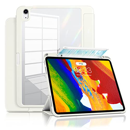 iPad Air 5/4 Case, iPad Air 5th/4th Gen Case for 10.9 Inch 2022/2020 Model, Auto Wake/Sleep Cover, Protective Cover with Pencil Holder, Clear Transparent Back Shell, Smart Trifold Stand (White)