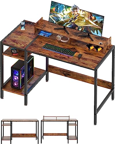 MINOSYS Computer Gaming Desk - 47" Home Office Desk with Storage, Rustic Writing Desk with Monitor Stand, Modern Simple Study Corner Table, Adjustable Storage Space.