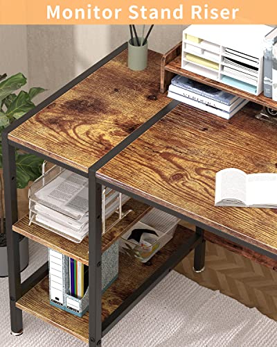 MINOSYS Computer Gaming Desk - 47" Home Office Desk with Storage, Rustic Writing Desk with Monitor Stand, Modern Simple Study Corner Table, Adjustable Storage Space.