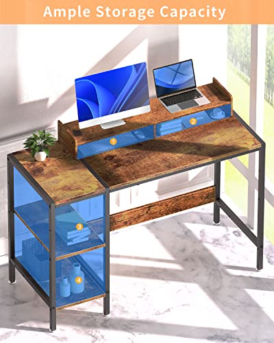 MINOSYS Computer Gaming Desk - 47" Home Office Desk with Storage, Rustic Writing Desk with Monitor Stand, Modern Simple Study Corner Table, Adjustable Storage Space.