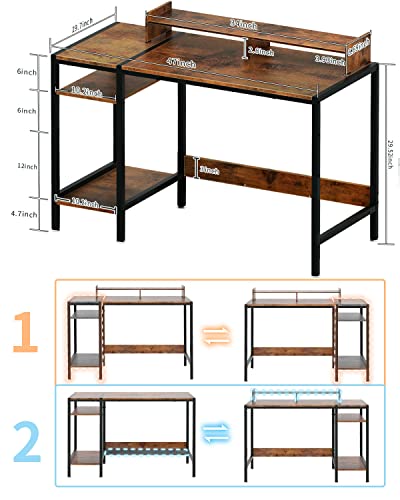 MINOSYS Computer Gaming Desk - 47" Home Office Desk with Storage, Rustic Writing Desk with Monitor Stand, Modern Simple Study Corner Table, Adjustable Storage Space.