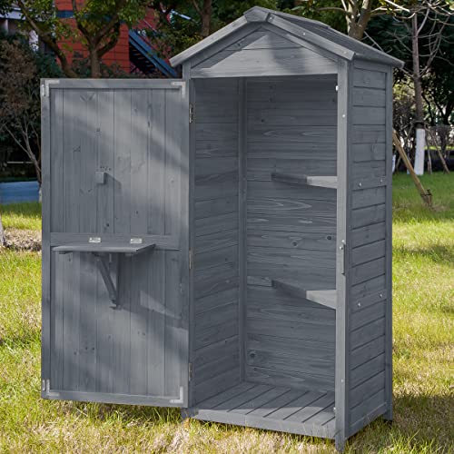 Outdoor Storage Cabinet, Garden Fir Wood Tool Shed, Outside Vertical Sheds Closet with Workstation&Waterproof Roof, Arrow Organizer Wooden Lockers for Yard, Patio, Deck and Porch