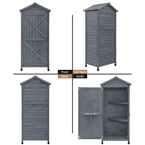 Outdoor Storage Cabinet, Garden Fir Wood Tool Shed, Outside Vertical Sheds Closet with Workstation&Waterproof Roof, Arrow Organizer Wooden Lockers for Yard, Patio, Deck and Porch