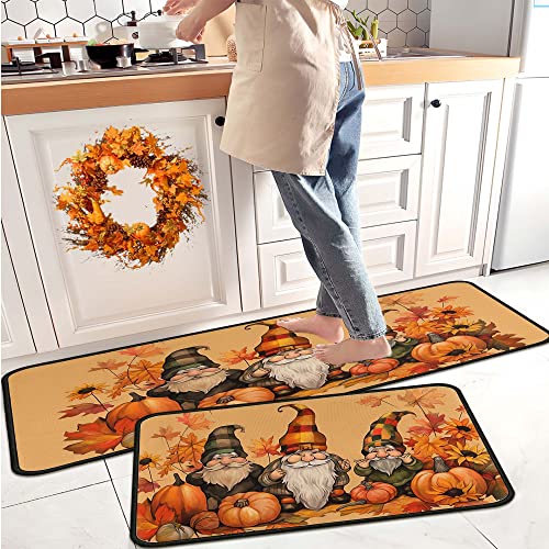 Fall Gnome Pumpkin Decorative Kitchen Rugs and Mats Set of 2, Fall Thanksgiving Gnome Sunflower Maple Leaves Seasonal Decorative Kitchen Mat 17"x47"+17"x30"