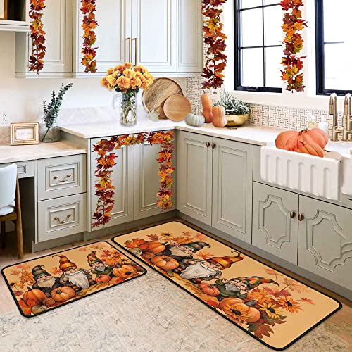 Fall Gnome Pumpkin Decorative Kitchen Rugs and Mats Set of 2, Fall Thanksgiving Gnome Sunflower Maple Leaves Seasonal Decorative Kitchen Mat 17"x47"+17"x30"