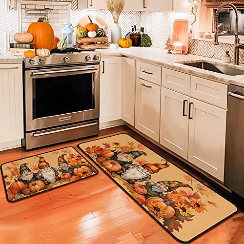 Fall Gnome Pumpkin Decorative Kitchen Rugs and Mats Set of 2, Fall Thanksgiving Gnome Sunflower Maple Leaves Seasonal Decorative Kitchen Mat 17"x47"+17"x30"